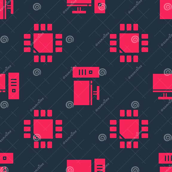 Set Processor with Microcircuits CPU and Computer Monitor on Seamless Pattern. Vector. Stock ...