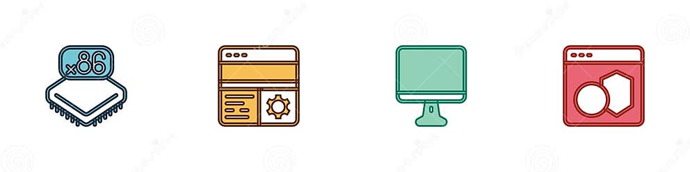 Set Processor with Microcircuits CPU, Debugging, Computer Monitor Screen and Software Icon ...