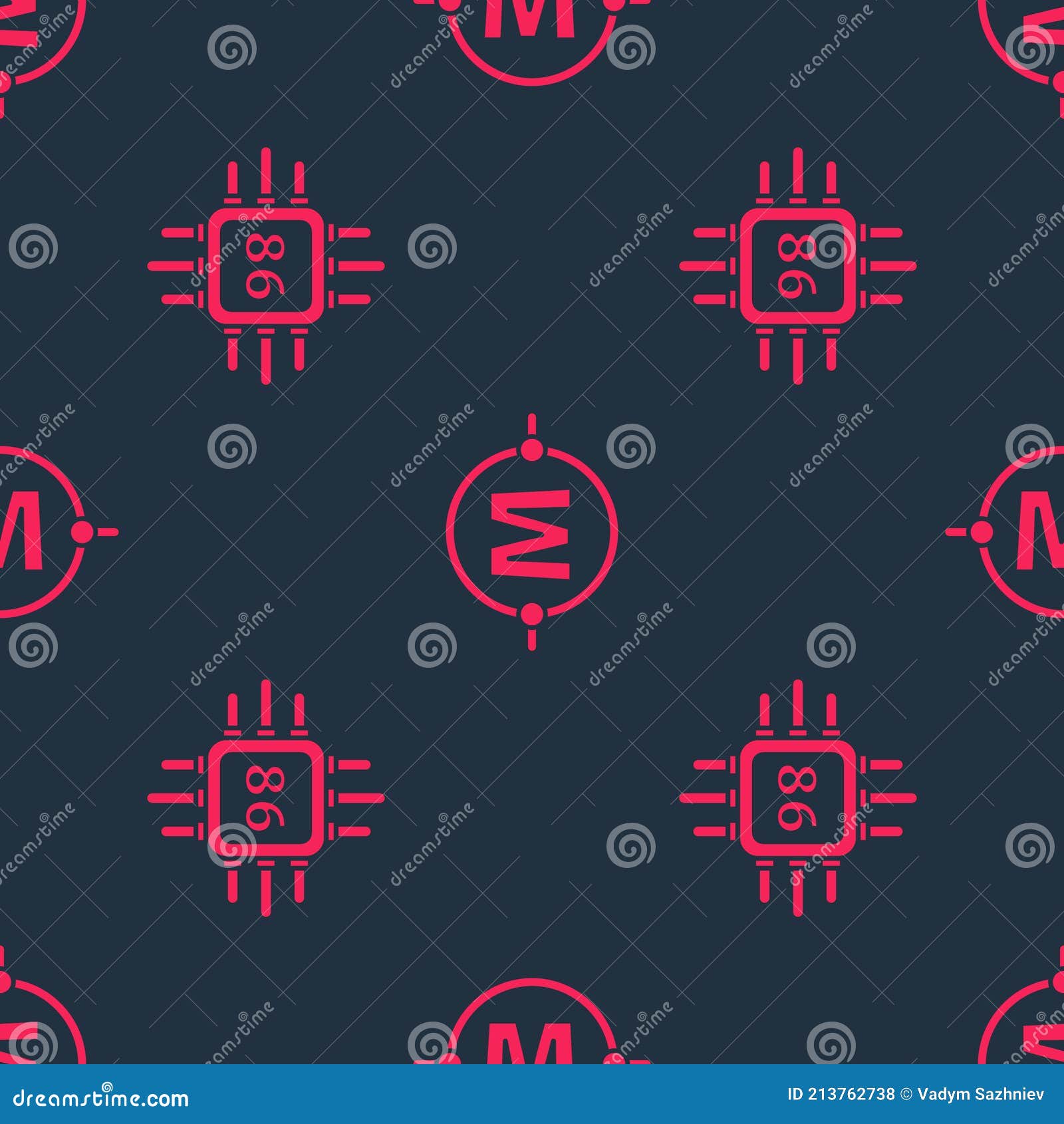 Set Processor with Microcircuits CPU and Electric Circuit Scheme on Seamless Pattern. Vector ...