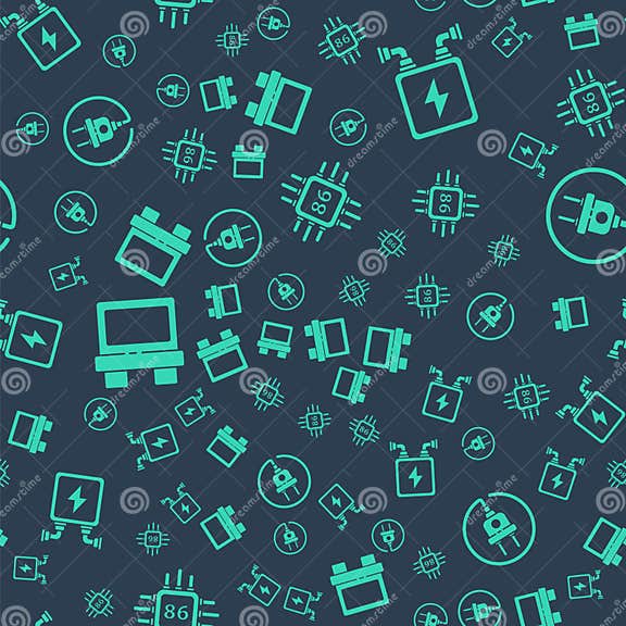 Set Processor with Microcircuits CPU, Electric Transformer, Fuse and Electric Plug on Seamless ...