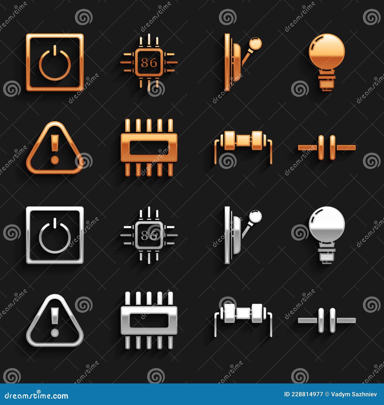 Set Processor with Microcircuits CPU, Light Bulb Concept of Idea, Electric Scheme, Resistor ...