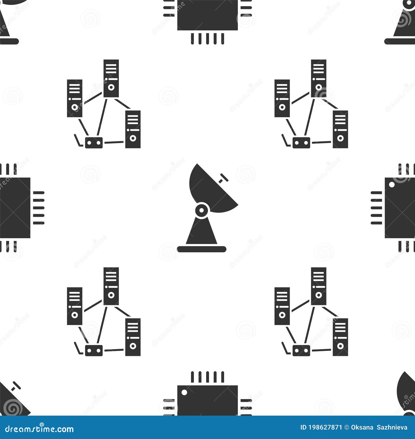 Set Processor with Microcircuits CPU, Radar and Computer Network on Seamless Pattern. Vector ...