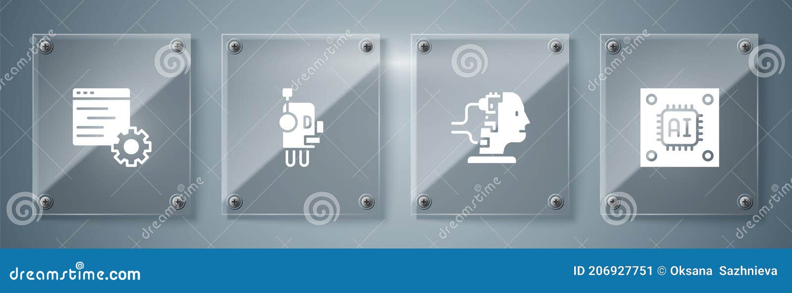 Set Processor with Microcircuits CPU, Robot for Maintenance, and Computer Api Interface. Square ...