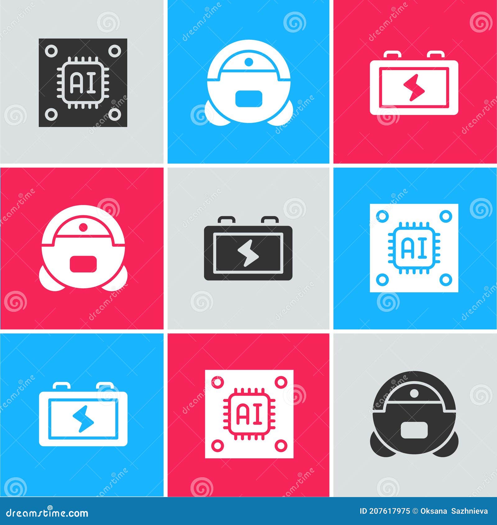 Set Processor with Microcircuits CPU, Robot Vacuum Cleaner and Battery Icon. Vector Stock ...
