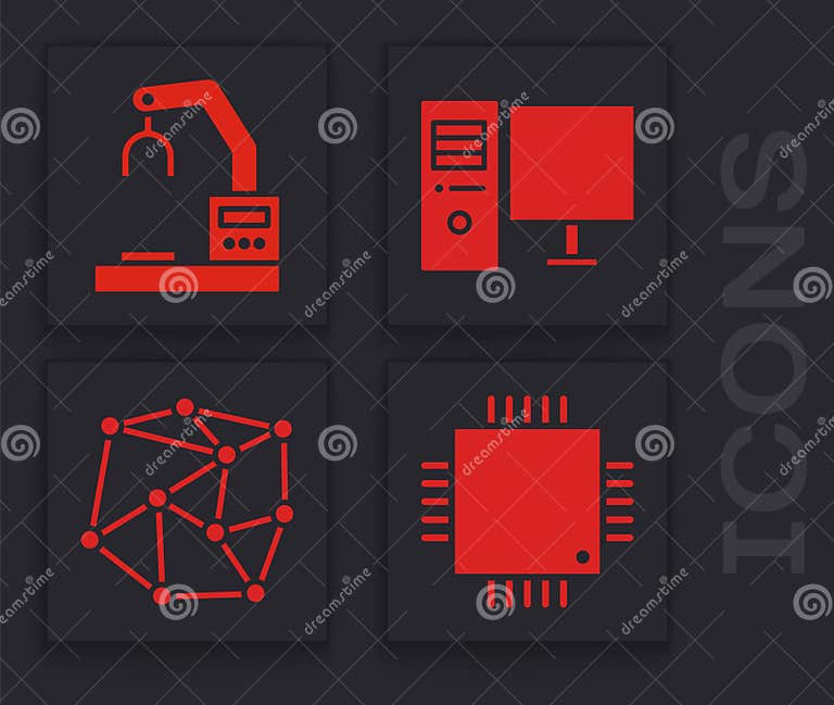 Set Processor with Microcircuits CPU, Robotic Robot Arm Hand Factory, Computer Monitor and ...