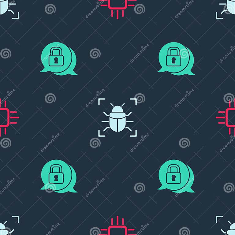 Set Processor With Microcircuits Cpu System Bug And Cyber Security On Seamless Pattern Vector