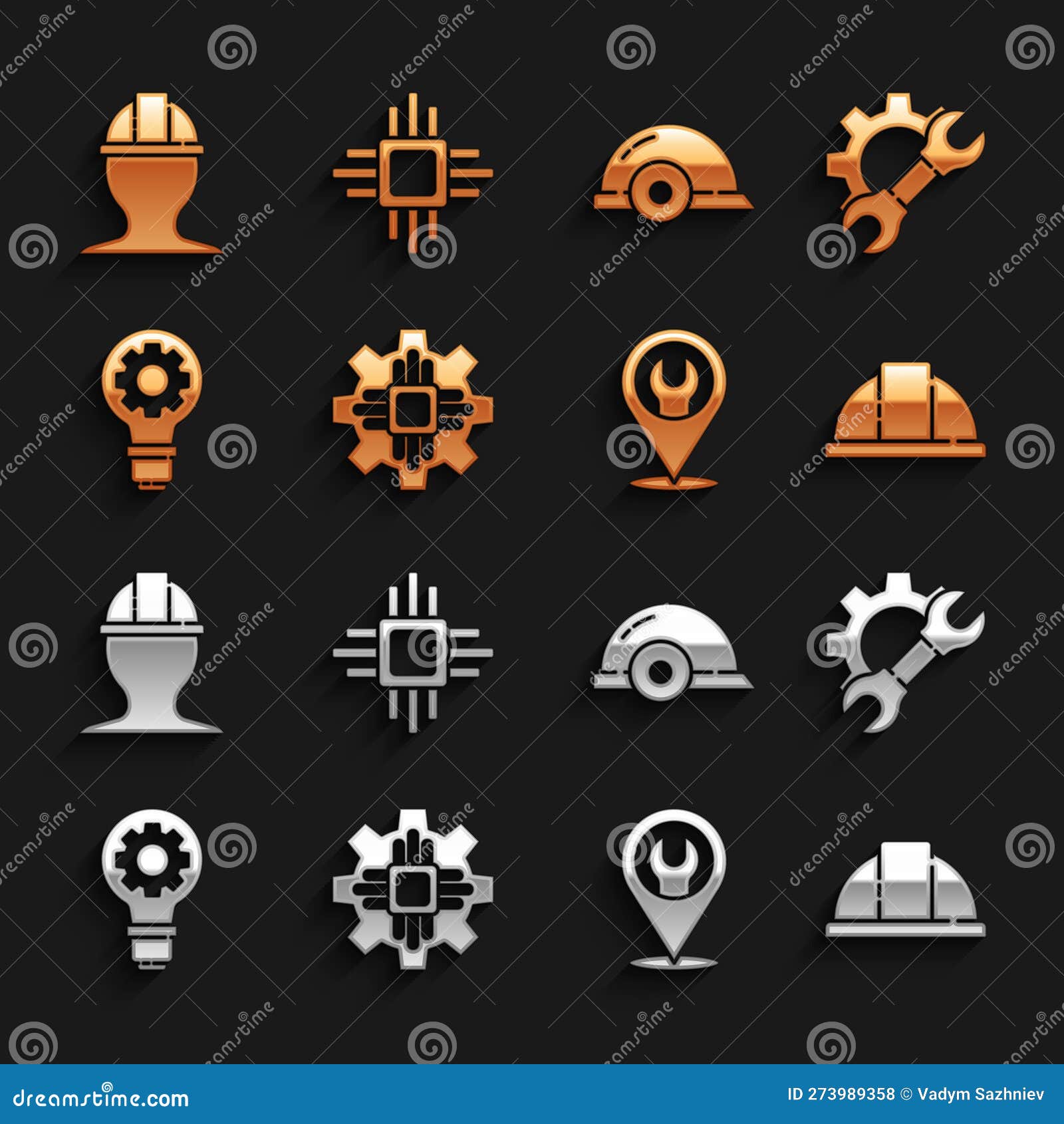 Set Processor, Wrench Spanner and Gear, Worker Safety Helmet, Location ... Set Processor, Wrench Spanner and Gear, Worker Safety Helmet, Location ...