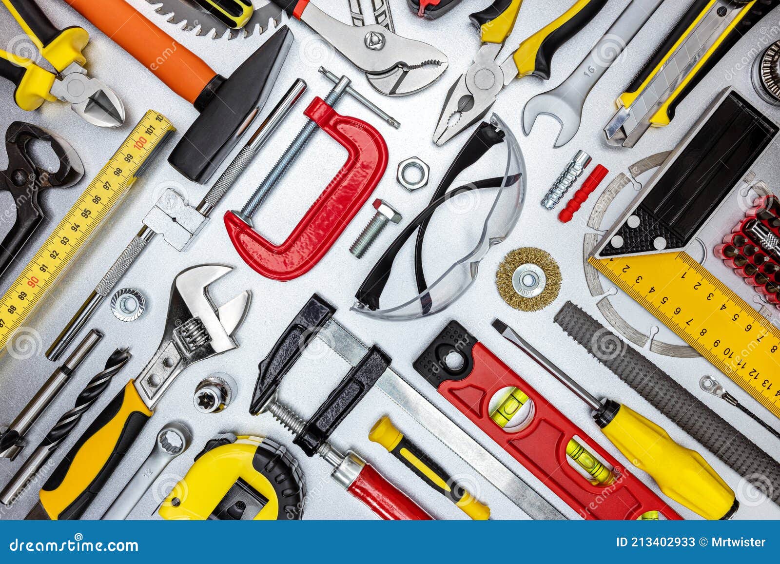 Set of Professional Construction Tools and Safety Glasses on Metal ...