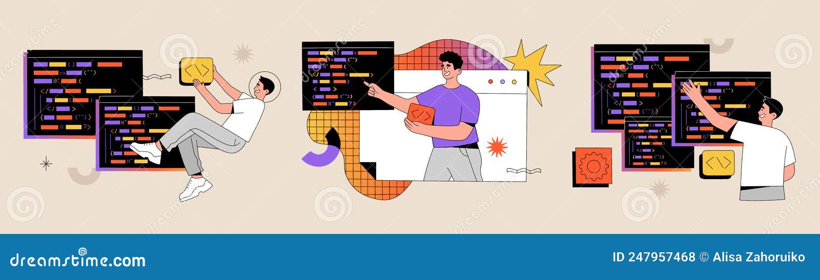 Set Of Programmer Coding Characters Web Development On Computer Screen Stock Vector