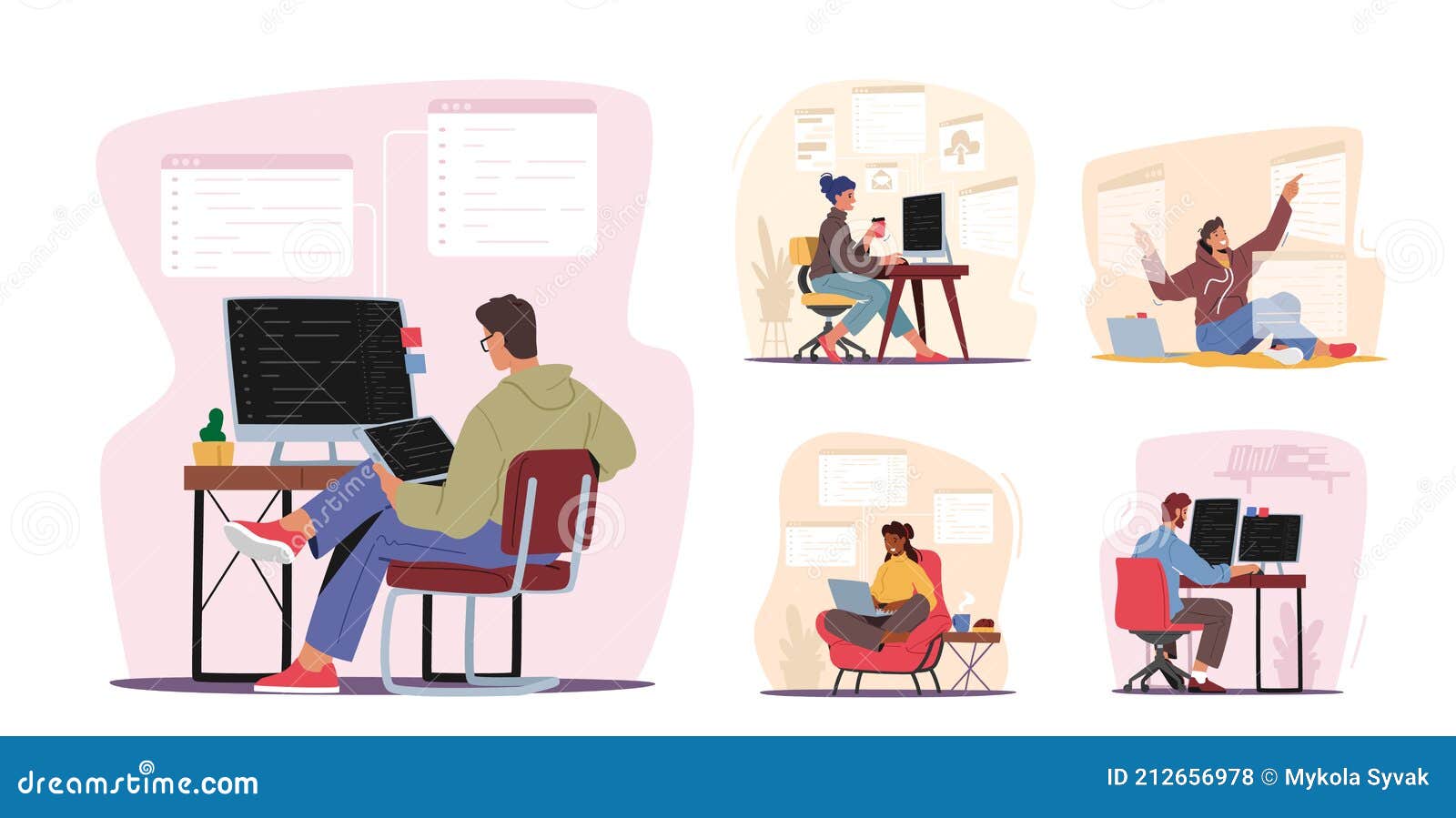 Set Programmers Working Concept Designer Characters Working On Computer Coding Programming