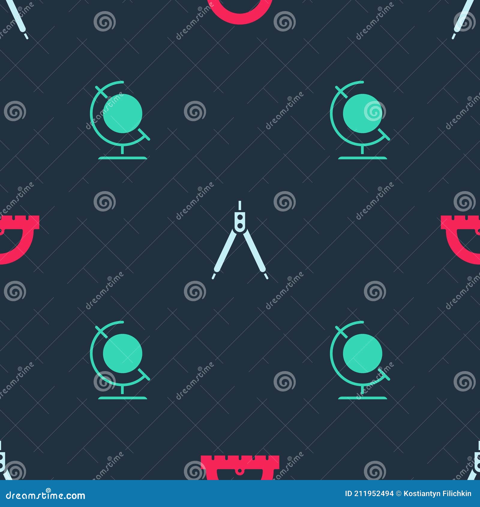 Set Protractor, Drawing Compass and Earth Globe on Seamless Pattern ...