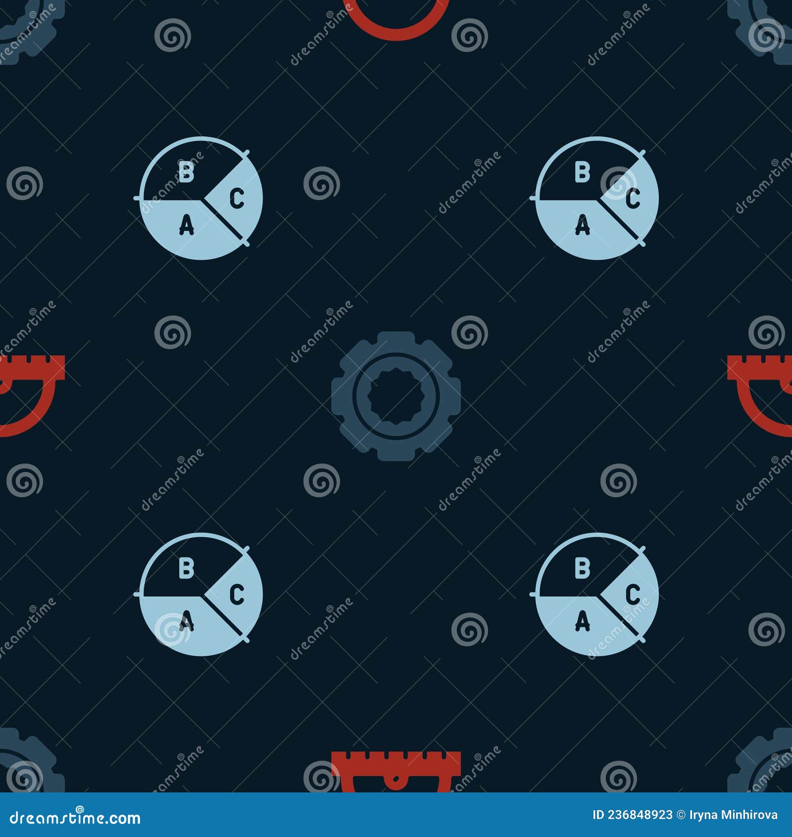 Set Protractor Grid, Gear and Pie Chart Infographic on Seamless Pattern ...