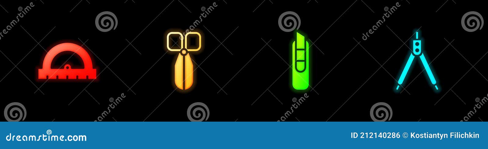 Set Protractor, Scissors, Stationery Knife and Drawing Compass Icon ...