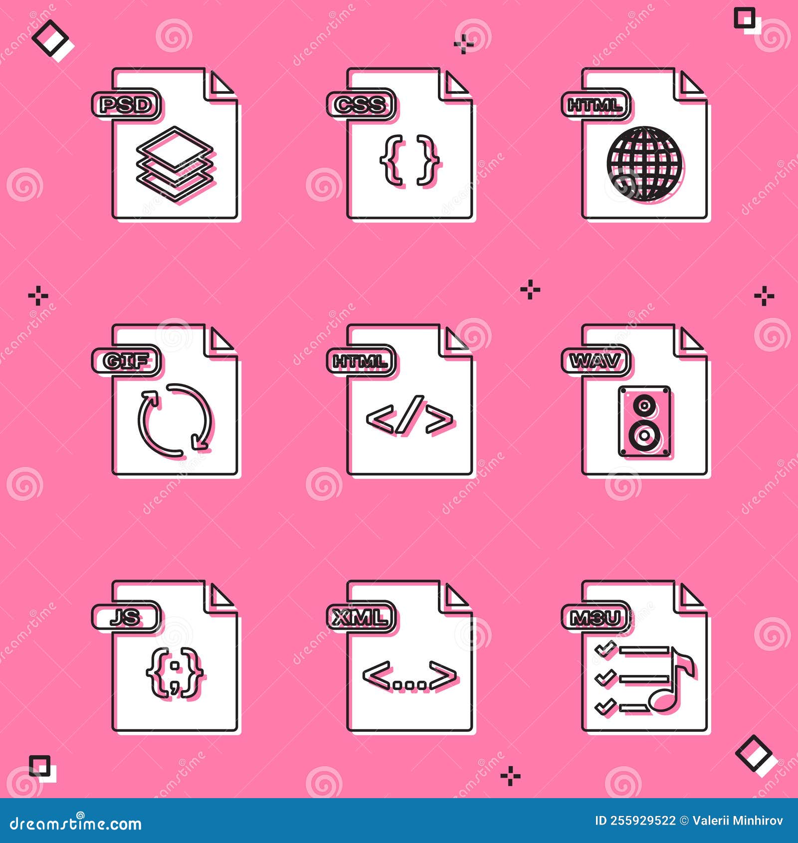 Set PSD File Document, CSS, HTML, GIF, WAV, JS and XML Icon. Vector ... Set PSD File Document, CSS, HTML, GIF, WAV, JS and XML Icon. Vector ...