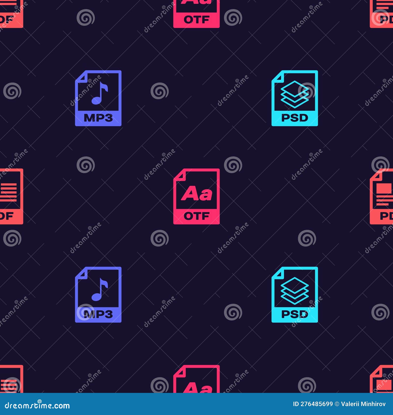 Set Psd File Document Mp3 Otf And Pdf On Seamless Pattern Vector