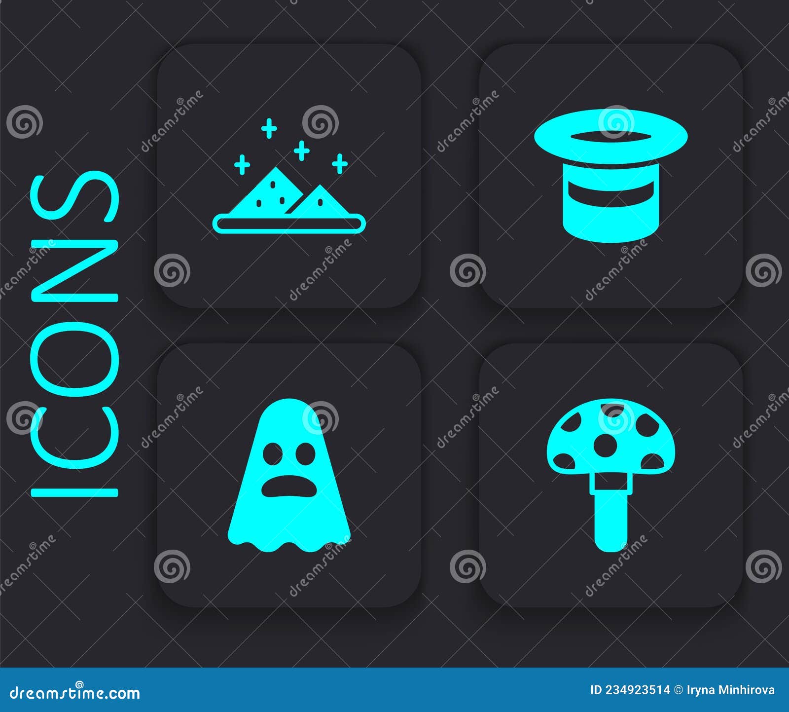 Set Psilocybin Mushroom, Magic Powder, Hat and Ghost Icon. Black Square ...
