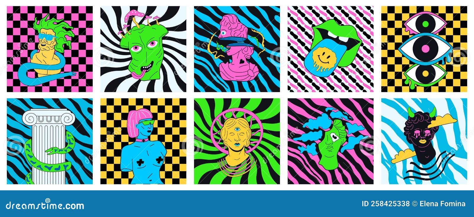 A Set of Psychedelic, Surreal Design Elements with Crazy Acid Figures ...