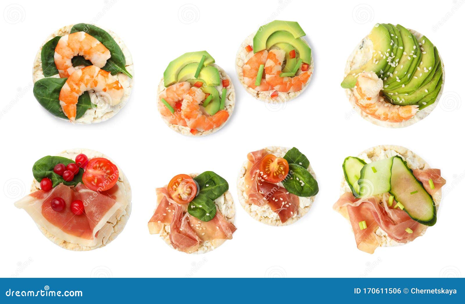 Set of Puffed Rice Cakes with Different Ingredients on White Background ...