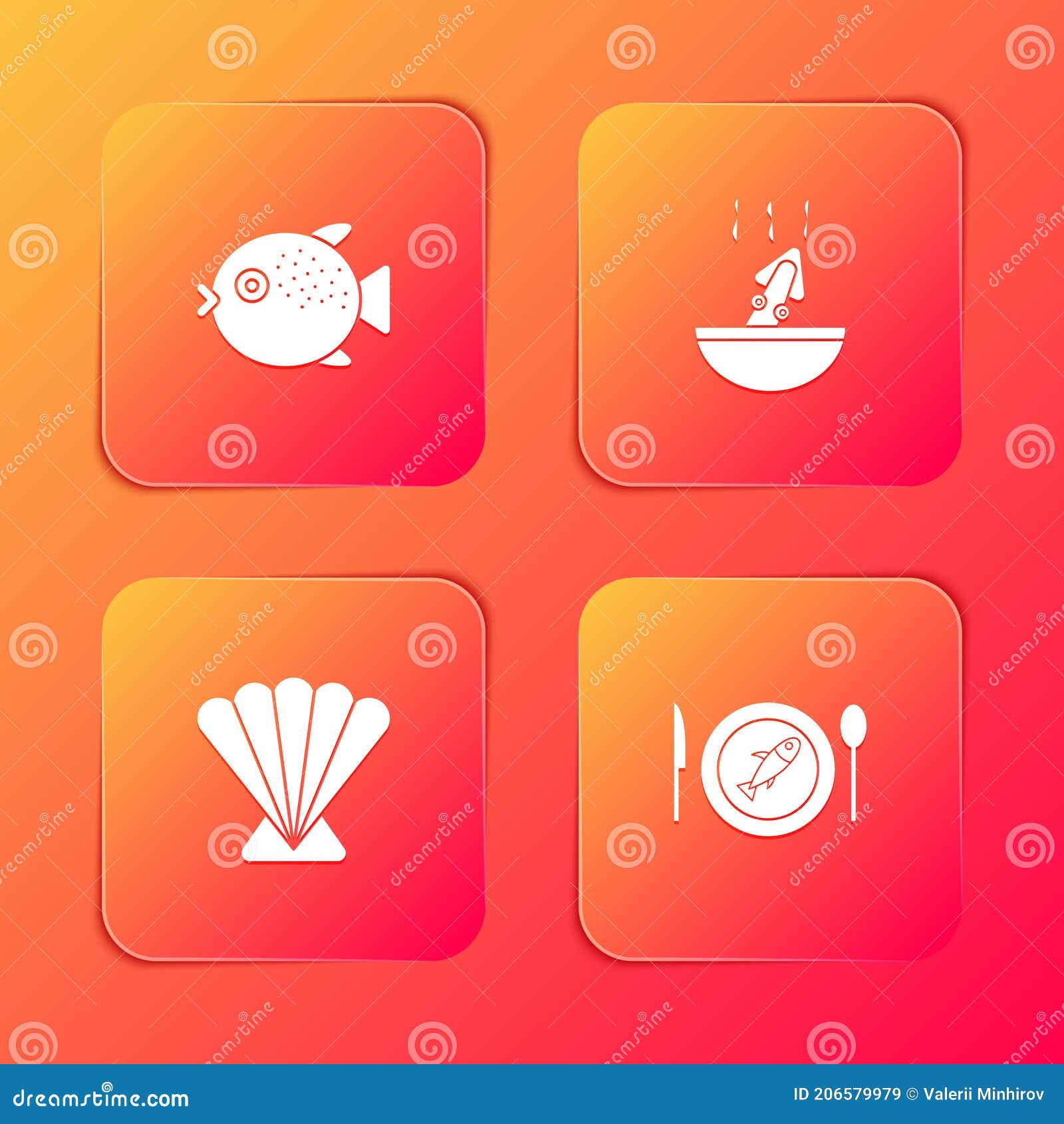 Set Puffer Fish, Soup with Octopus, Scallop Sea Shell and Served on ...