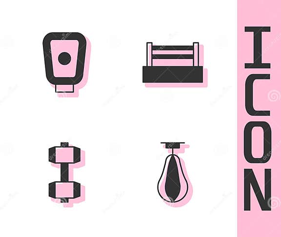 Set Punching Bag, Boxing Training Paws, Dumbbell and Ring Icon. Vector ...
