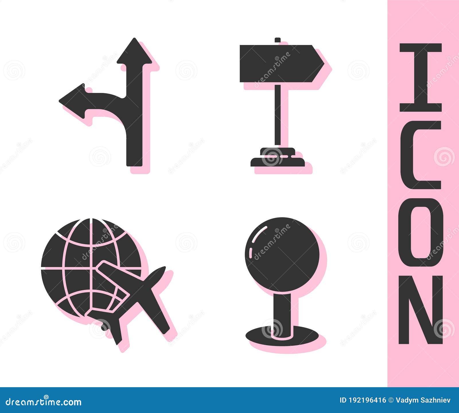 Set Push Pin, Road Traffic Sign, Globe with Flying Plane and Road ...