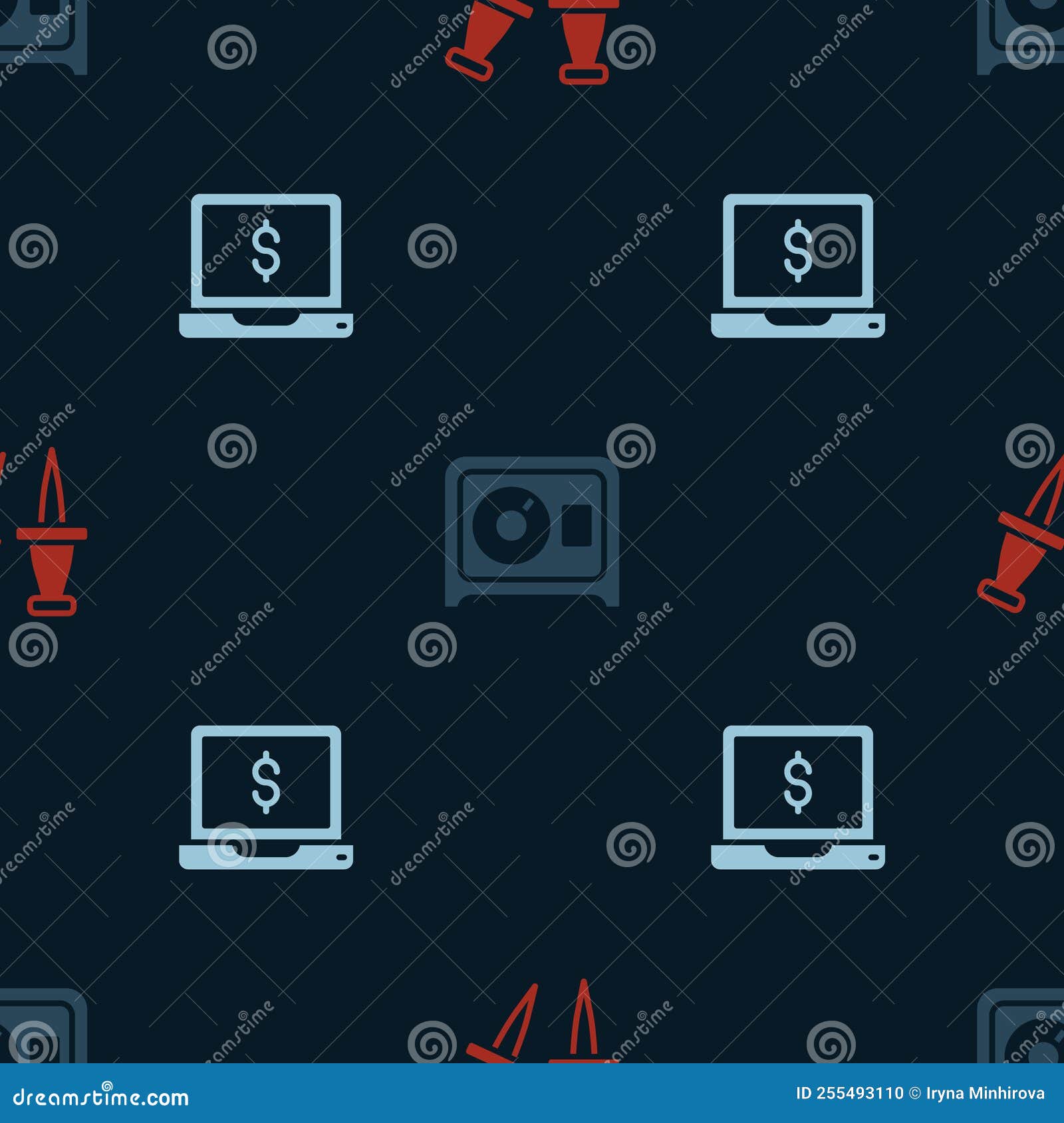 Set Push Pin, Safe and Laptop with Dollar on Seamless Pattern. Vector ...