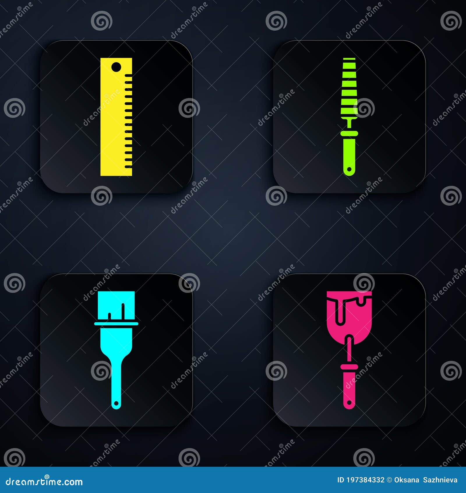 Set Putty Knife, Ruler, Paint Brush and Chisel Tool for Wood. Black ...