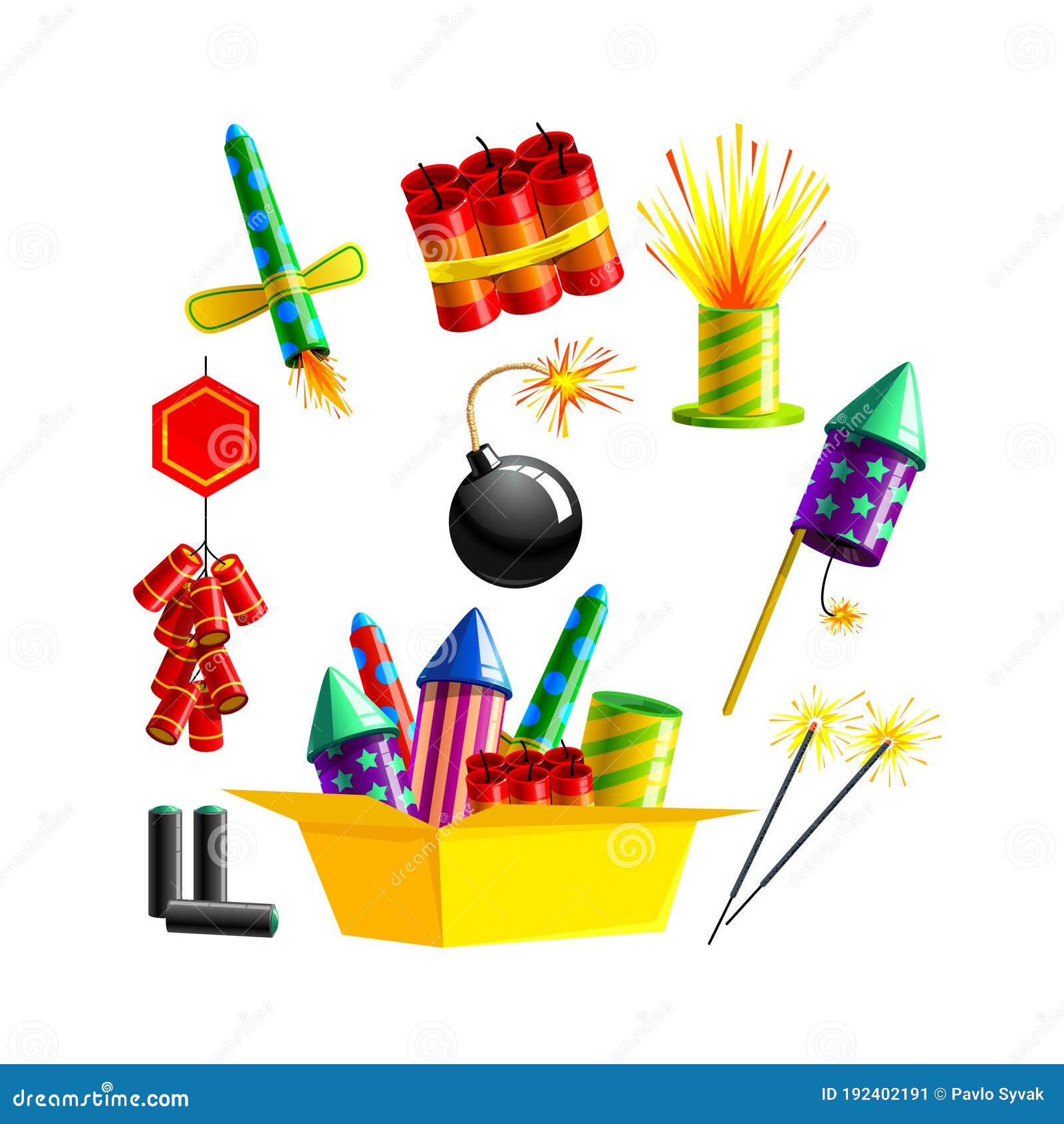 Set Pyrotechnics and Fireworks. Rocket and Flapper with Bomb with ...