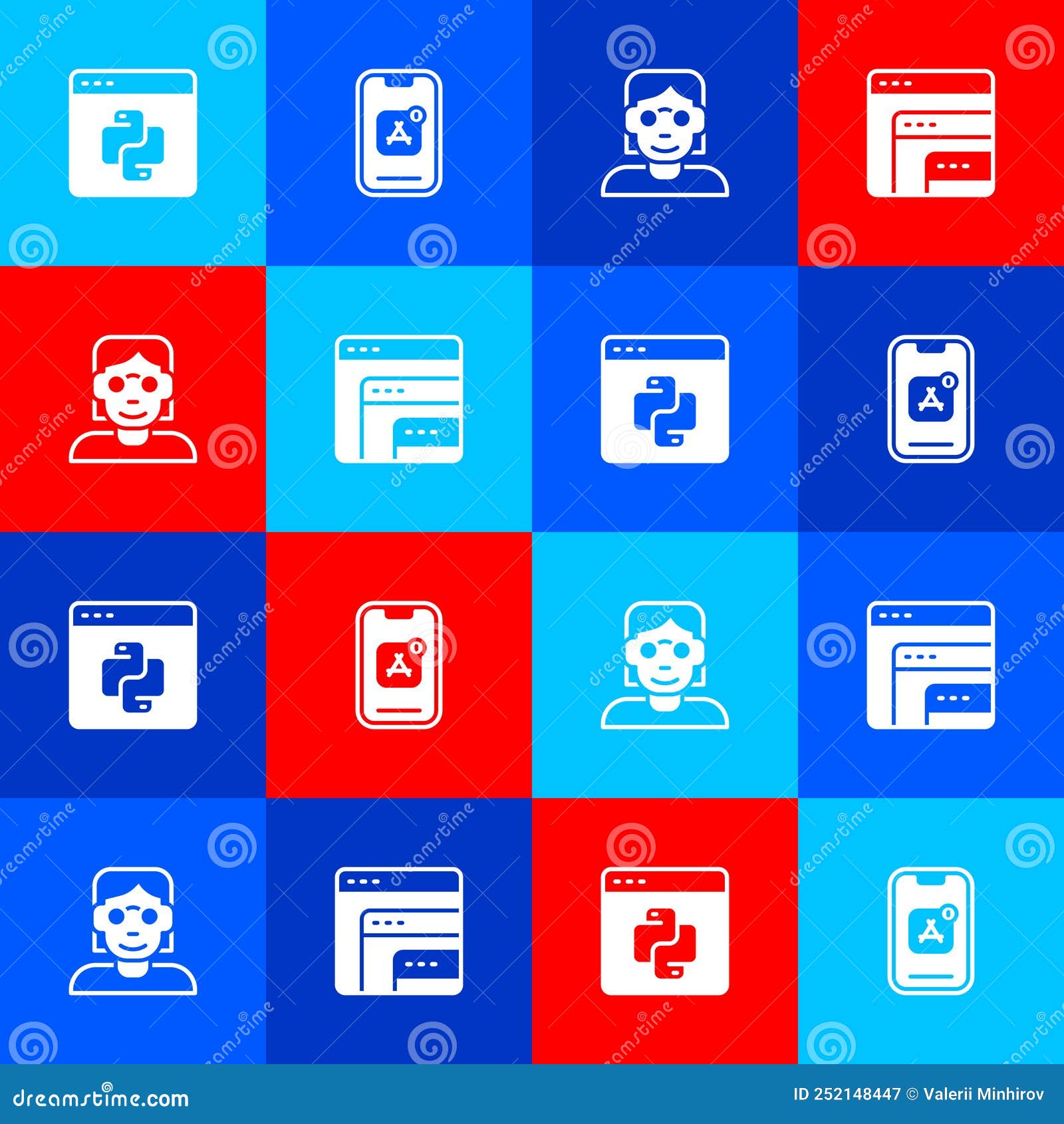 Set Python Programming Language Mobile Apps Hacker Or Coder And Software Icon Vector Stock