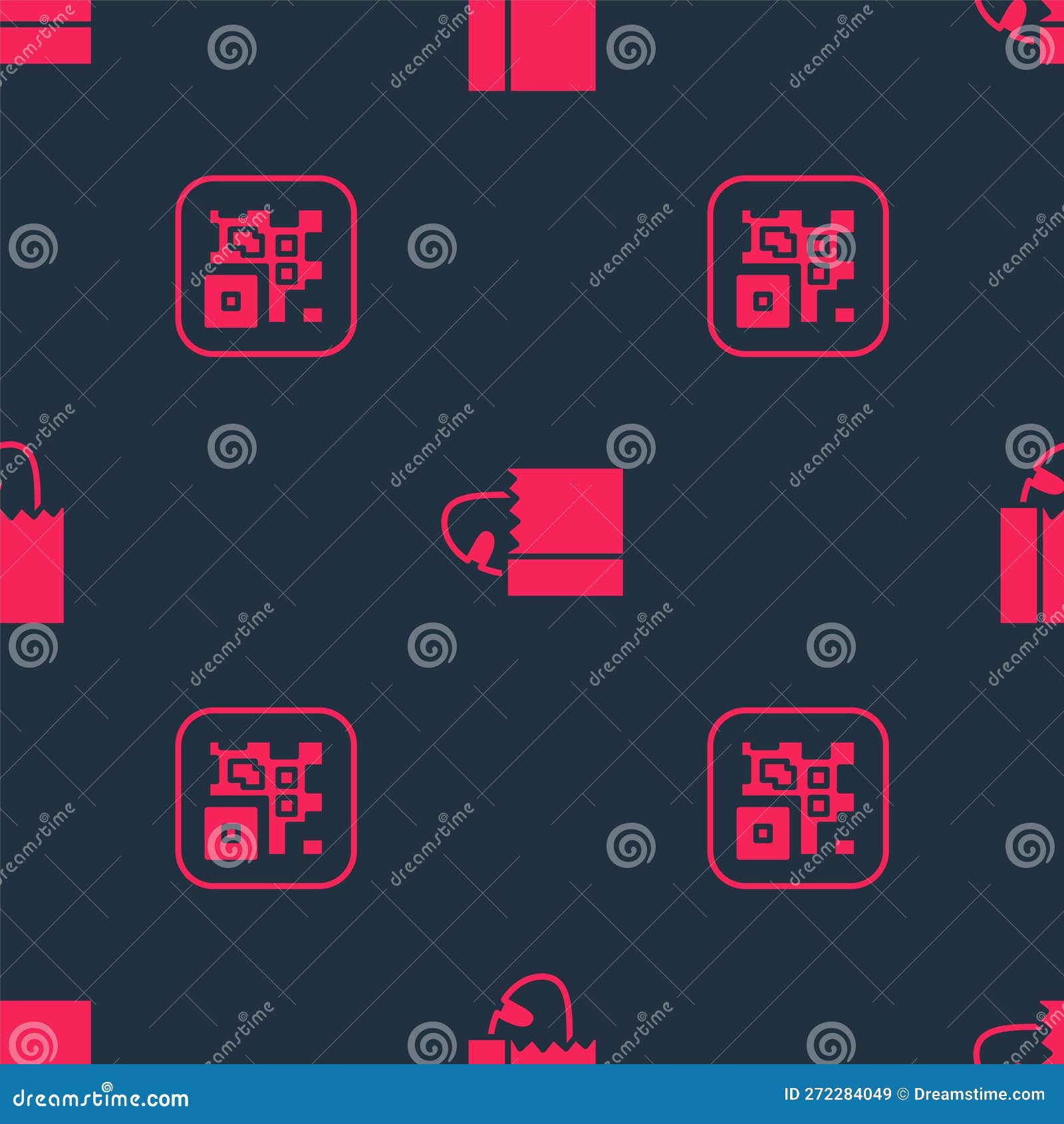 Set QR Code and Paper Bag with Bread Loaf on Seamless Pattern. Vector ...