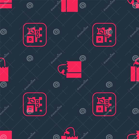 Set QR Code and Paper Bag with Bread Loaf on Seamless Pattern. Vector ...