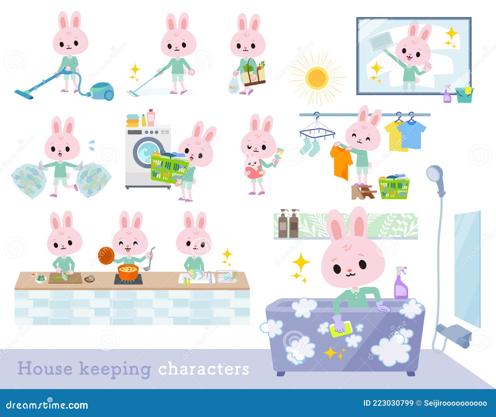 A Set of Rabbit Boy Related To Housekeeping Stock Vector - Illustration ...