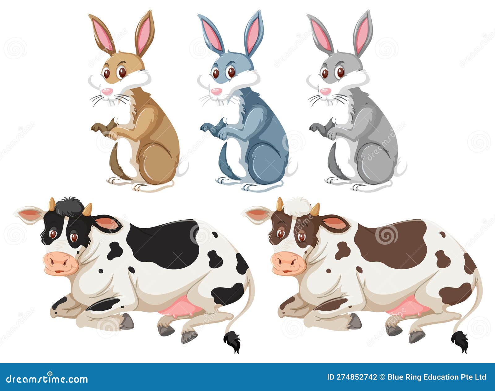 Set of Rabbit and Cow Cartoon Character Stock Vector - Illustration of ...