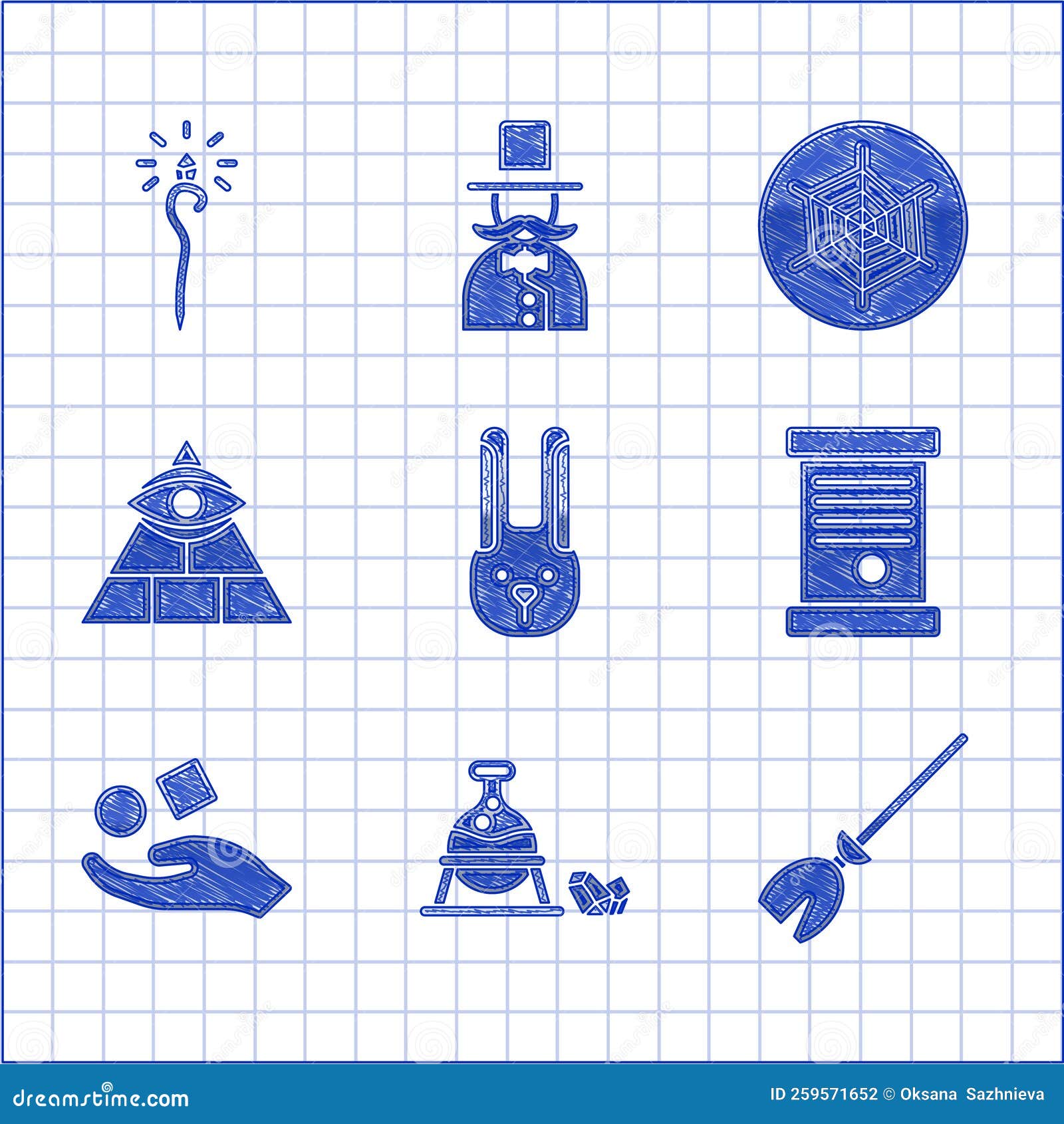 Set Witch Hat, Cube Levitating Above Hand, Bottle With Love Potion And ...