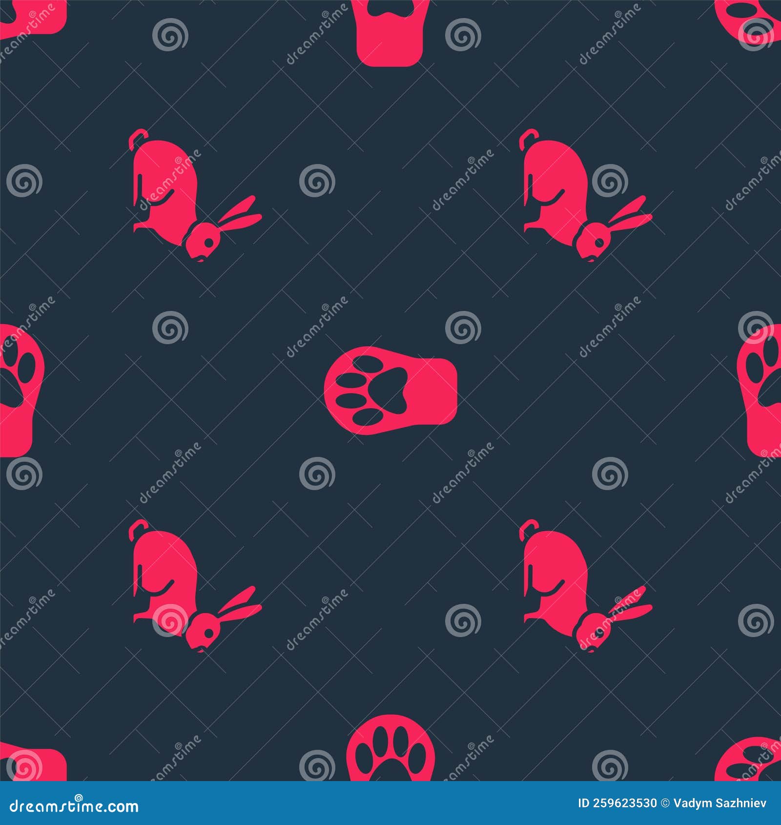 Set Rabbit and Paw Print on Seamless Pattern. Vector Stock Vector ...