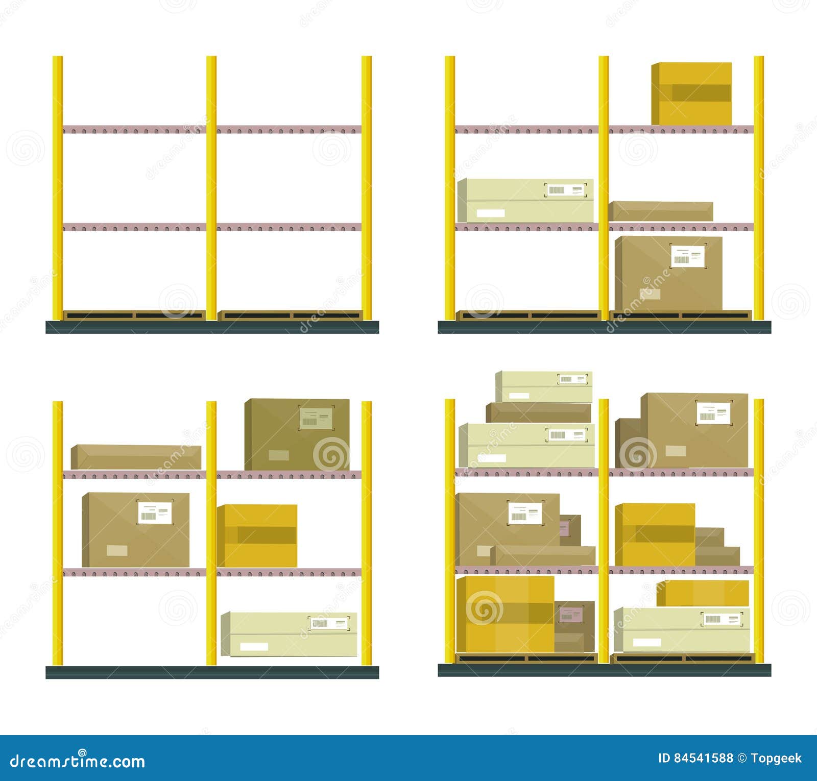 Set of Racks with Boxes in Flat Design Stock Vector - Illustration of ...