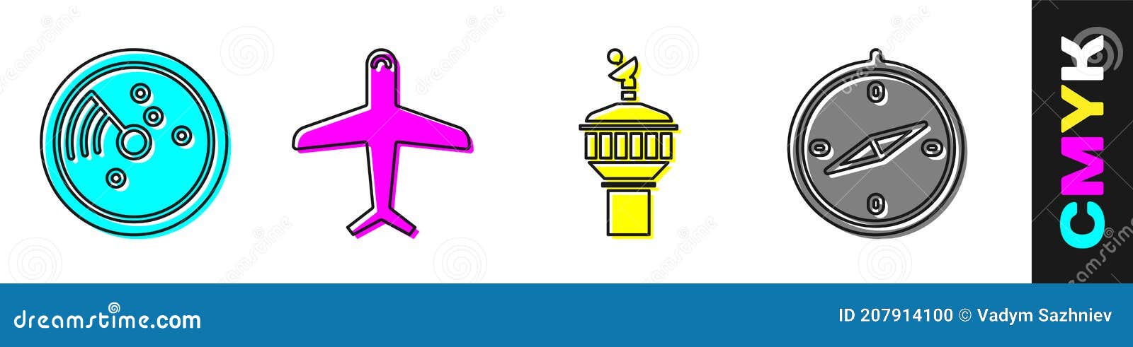 Set Radar with Targets on Monitor, Plane, Radar and Compass Icon ...