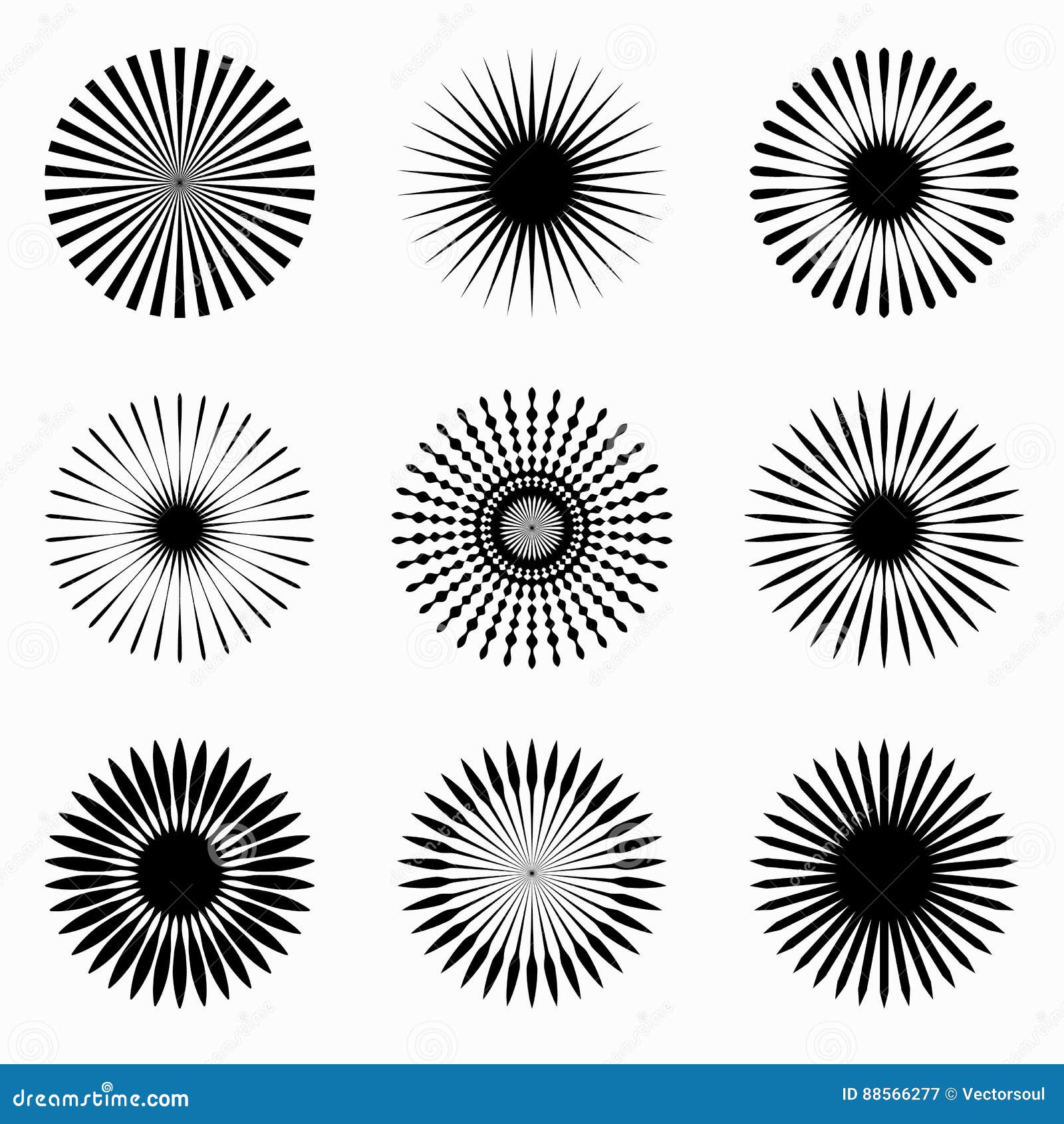 Set of 9 Radial, Radiating Lines Elements. Circular Lines Patter Stock ...