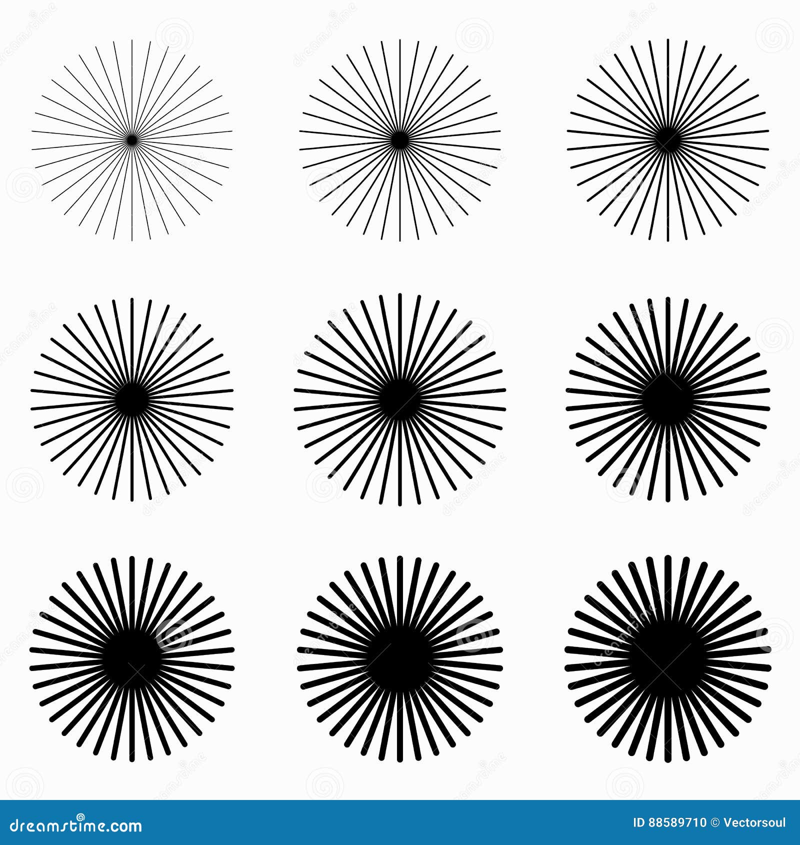 Set of 9 Radial, Radiating Lines Elements. Circular Lines Patter Stock ...