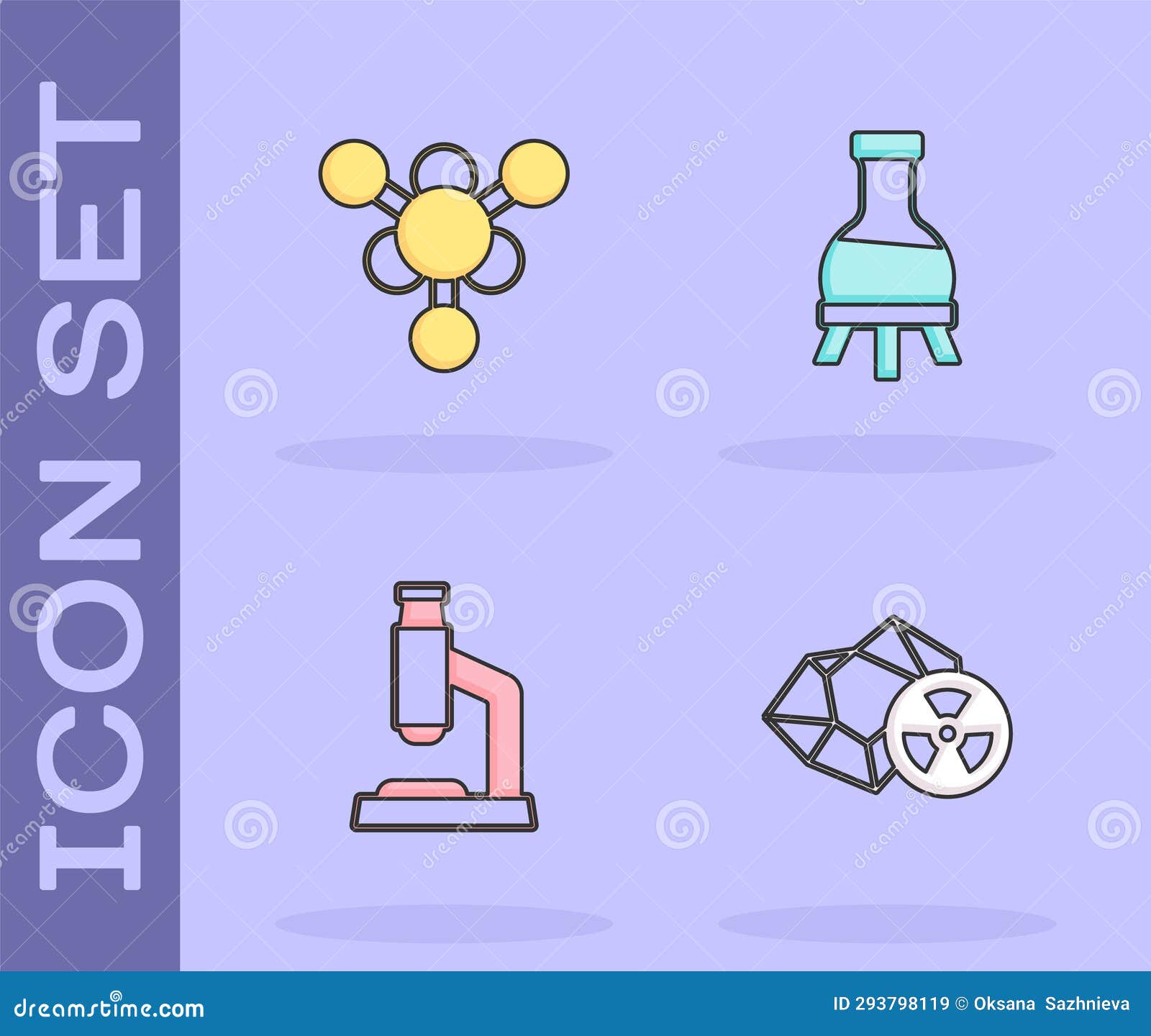 Set Radioactive, Molecule, Microscope and Test Tube Icon. Vector Stock ...