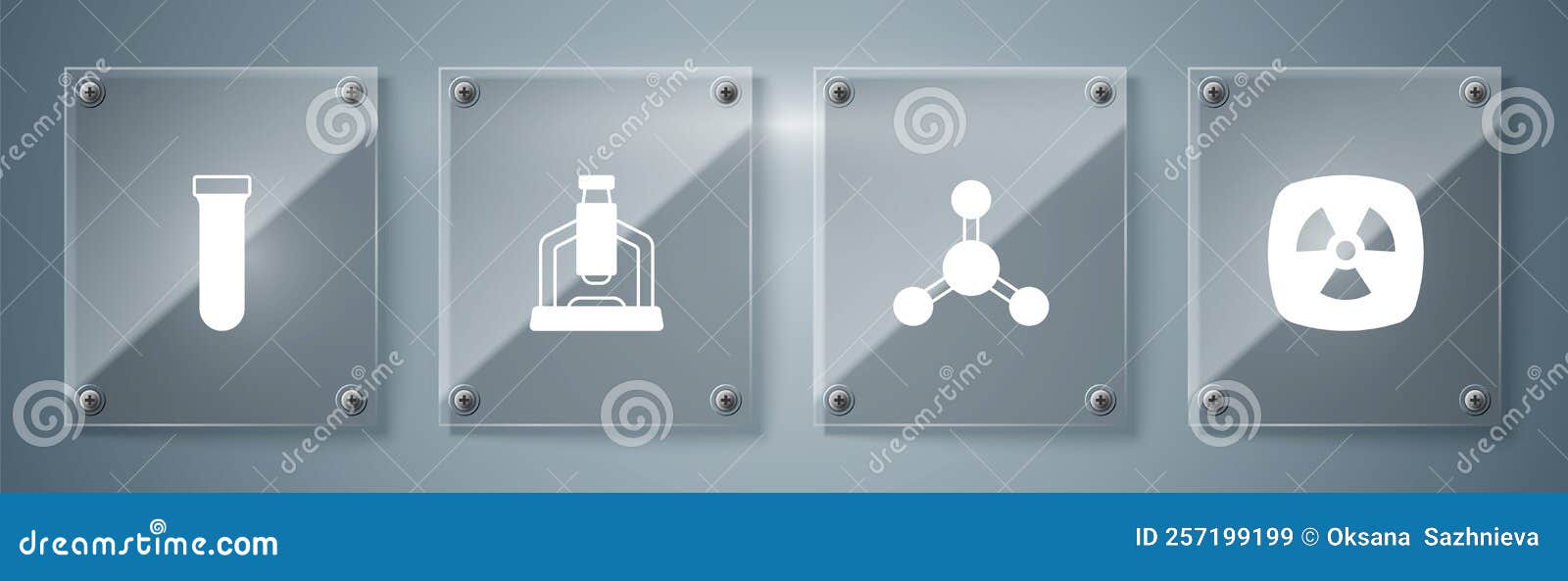Set Radioactive, Molecule, Microscope and Test Tube. Square Glass ...