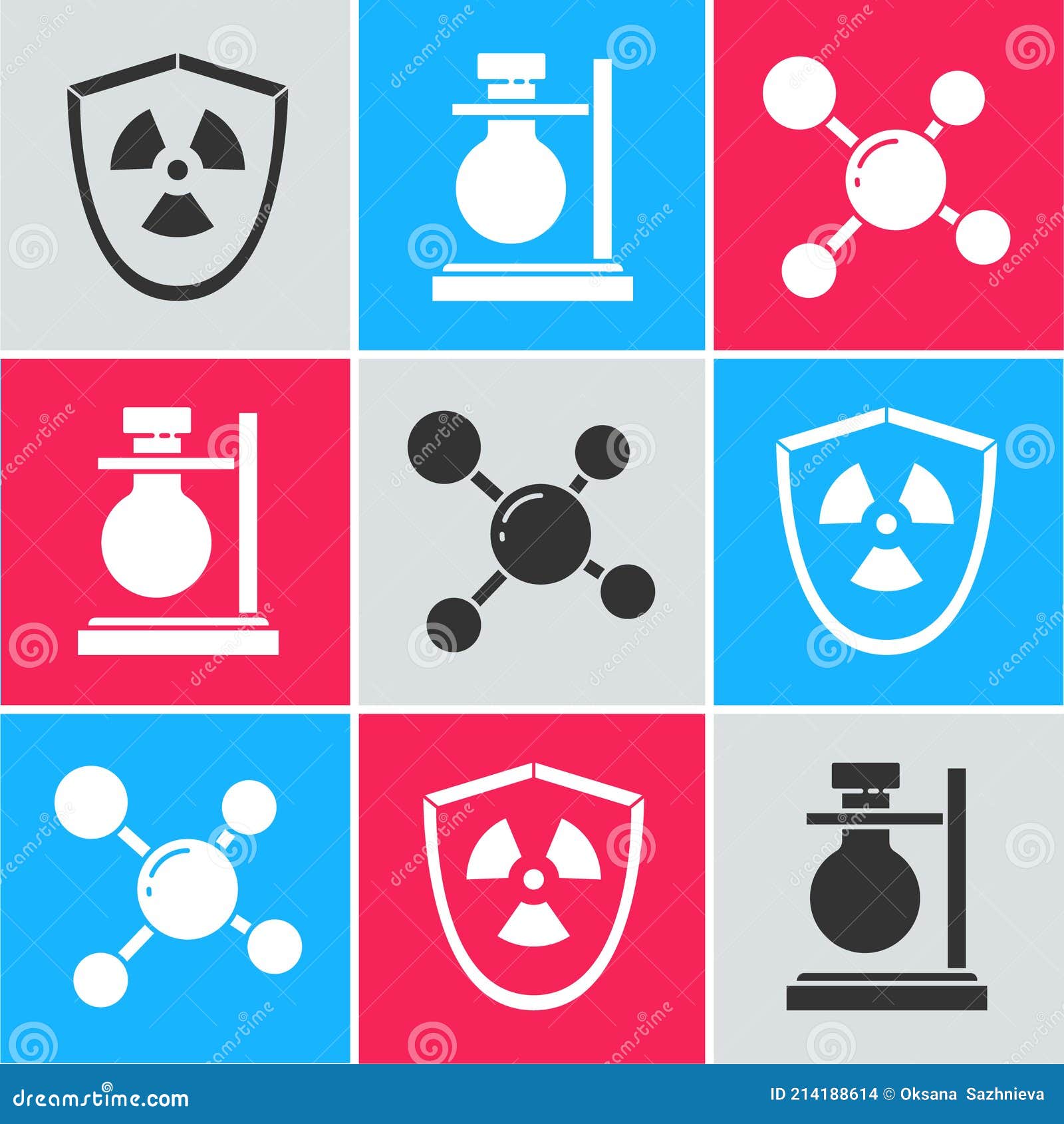 Set Radioactive in Shield, Test Tube Flask on Stand and Molecule Icon ...