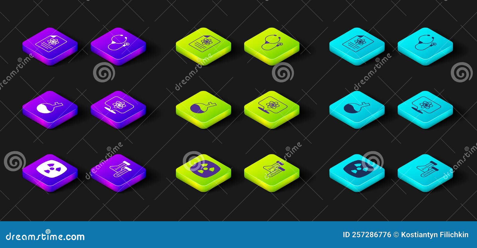 Set Radioactive, Test Tube, Atom, Stethoscope and Chemistry Report Icon ...