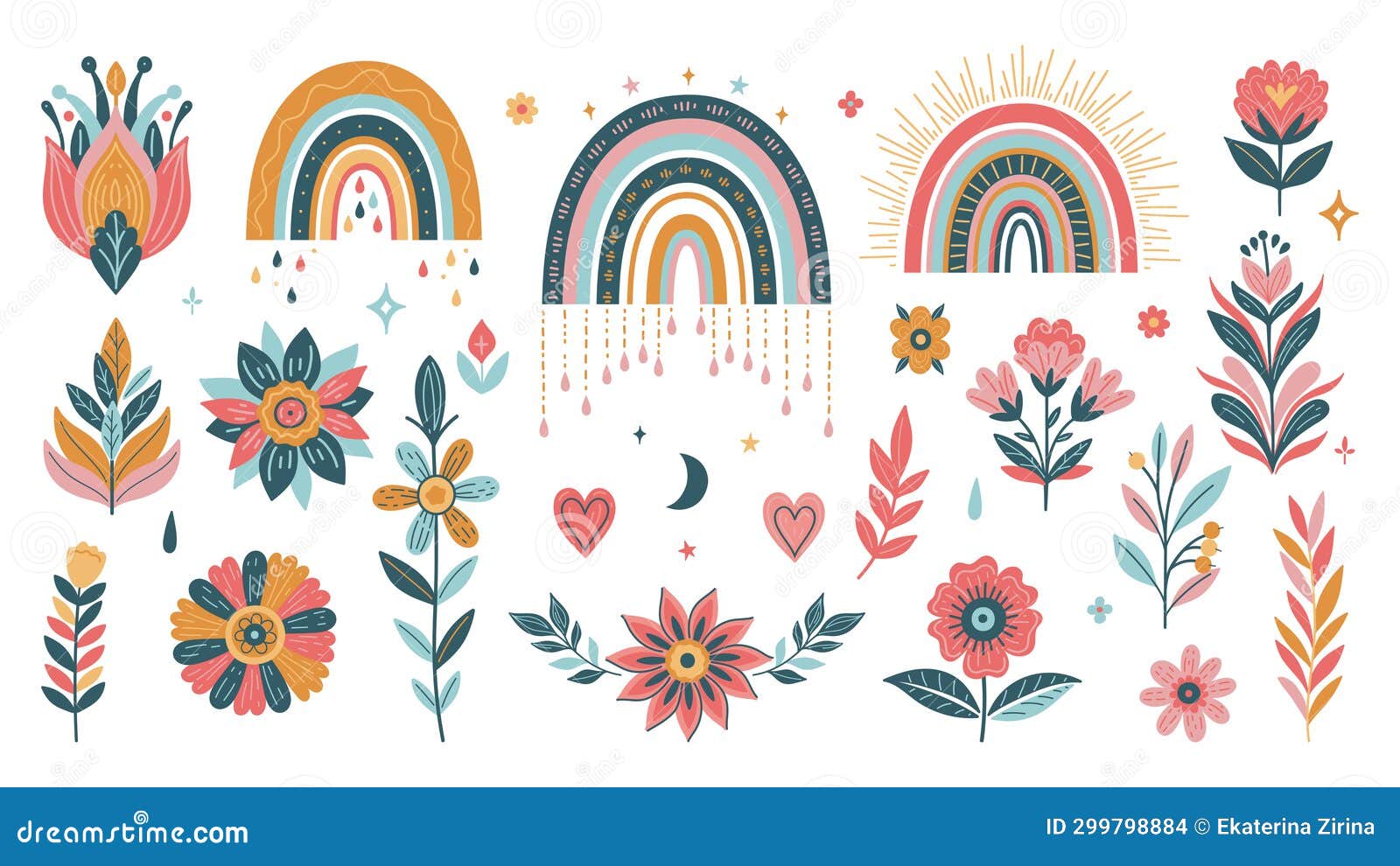 Set of Rainbows and Flora in Boho Style. Vector Graphics Stock ...