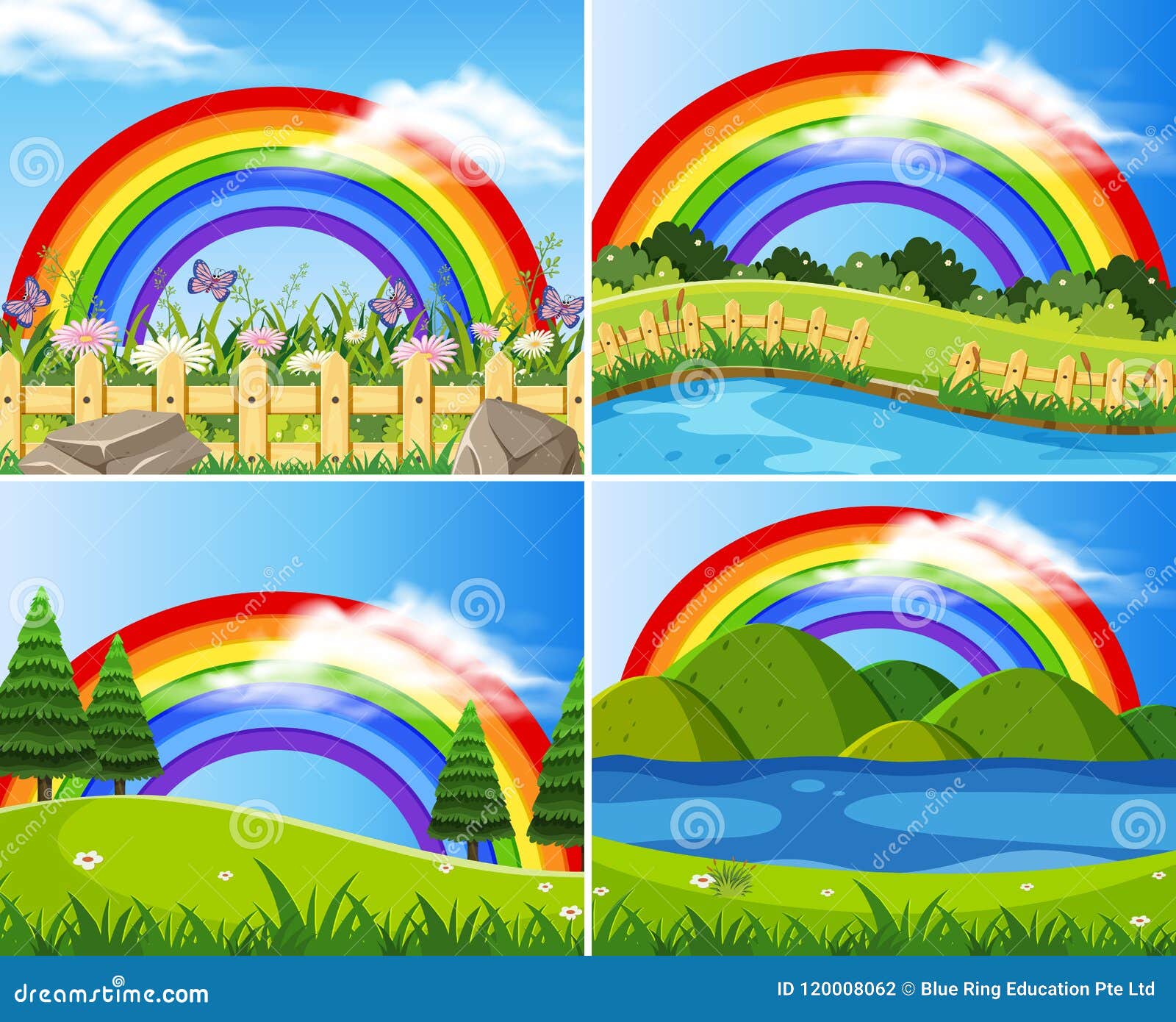 Set of Rainbows in Green Fields Stock Vector - Illustration of color ...