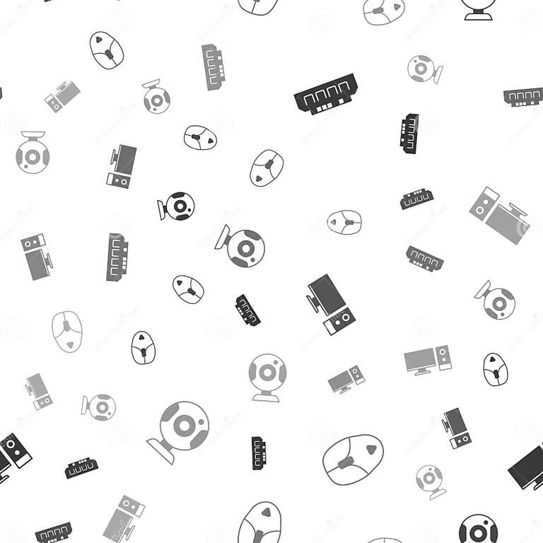 Set RAM, Random Access Memory, Computer Mouse, Monitor and Web Camera on Seamless Pattern ...
