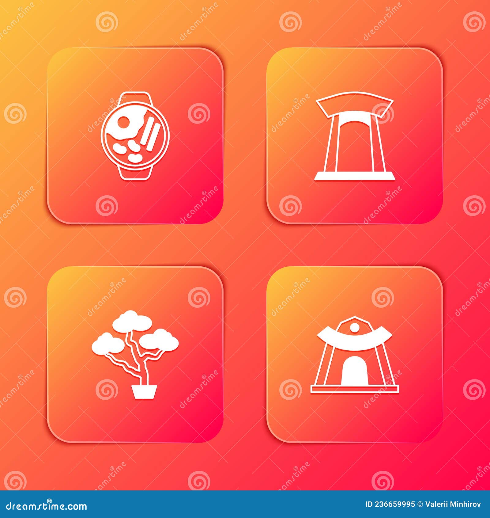 Set Ramen, Korean Gate, Bonsai Tree and Temple Icon. Vector Stock ...