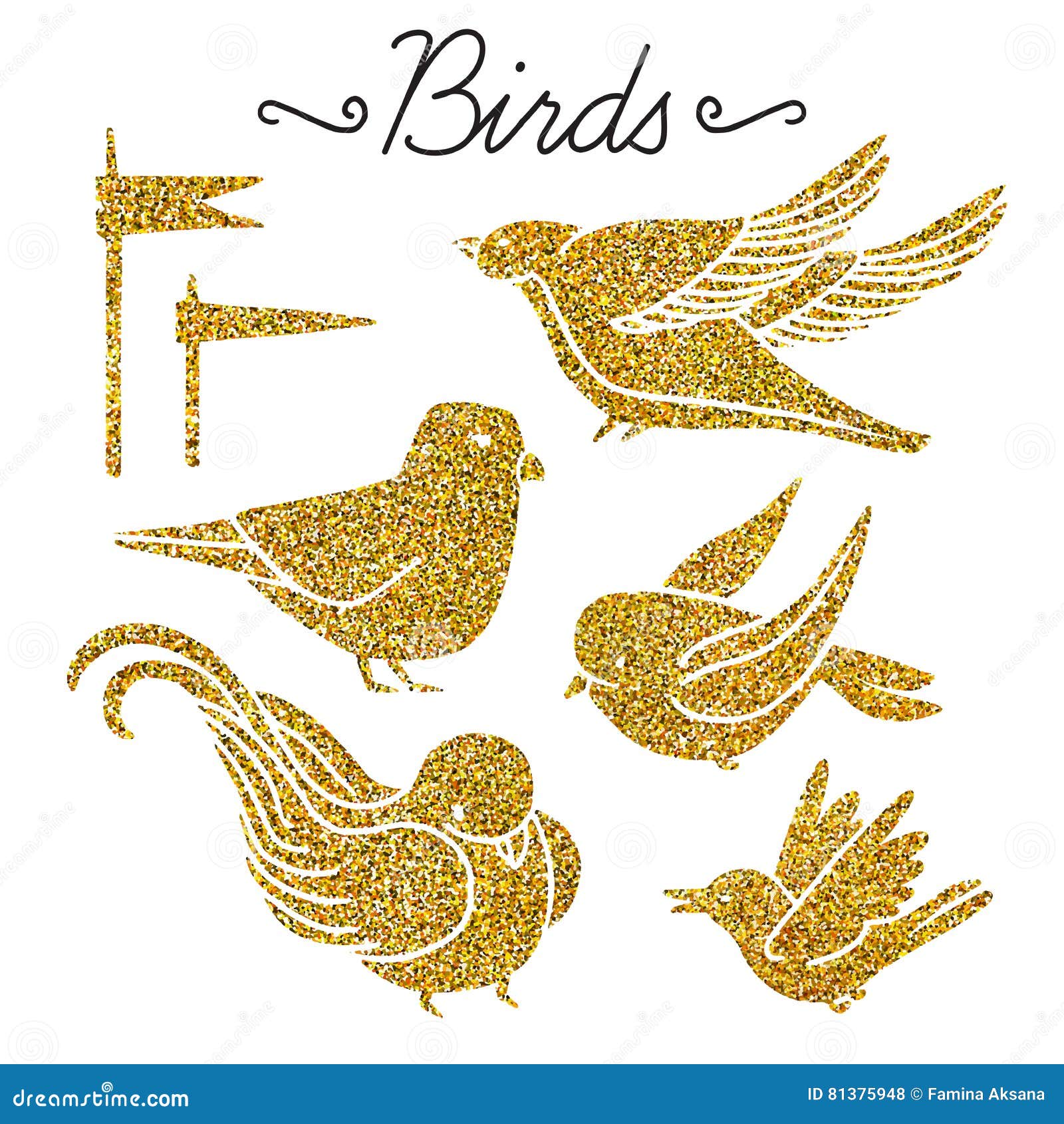 Set of Random Birds with Gold Glitter Stock Vector - Illustration of ...