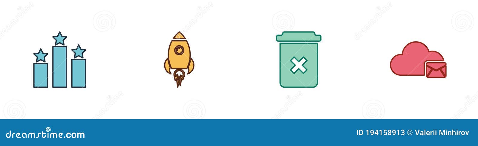Set Ranking Star, Rocket Ship with Fire, Trash Can and Cloud Mail Server Icon. Vector Stock ...