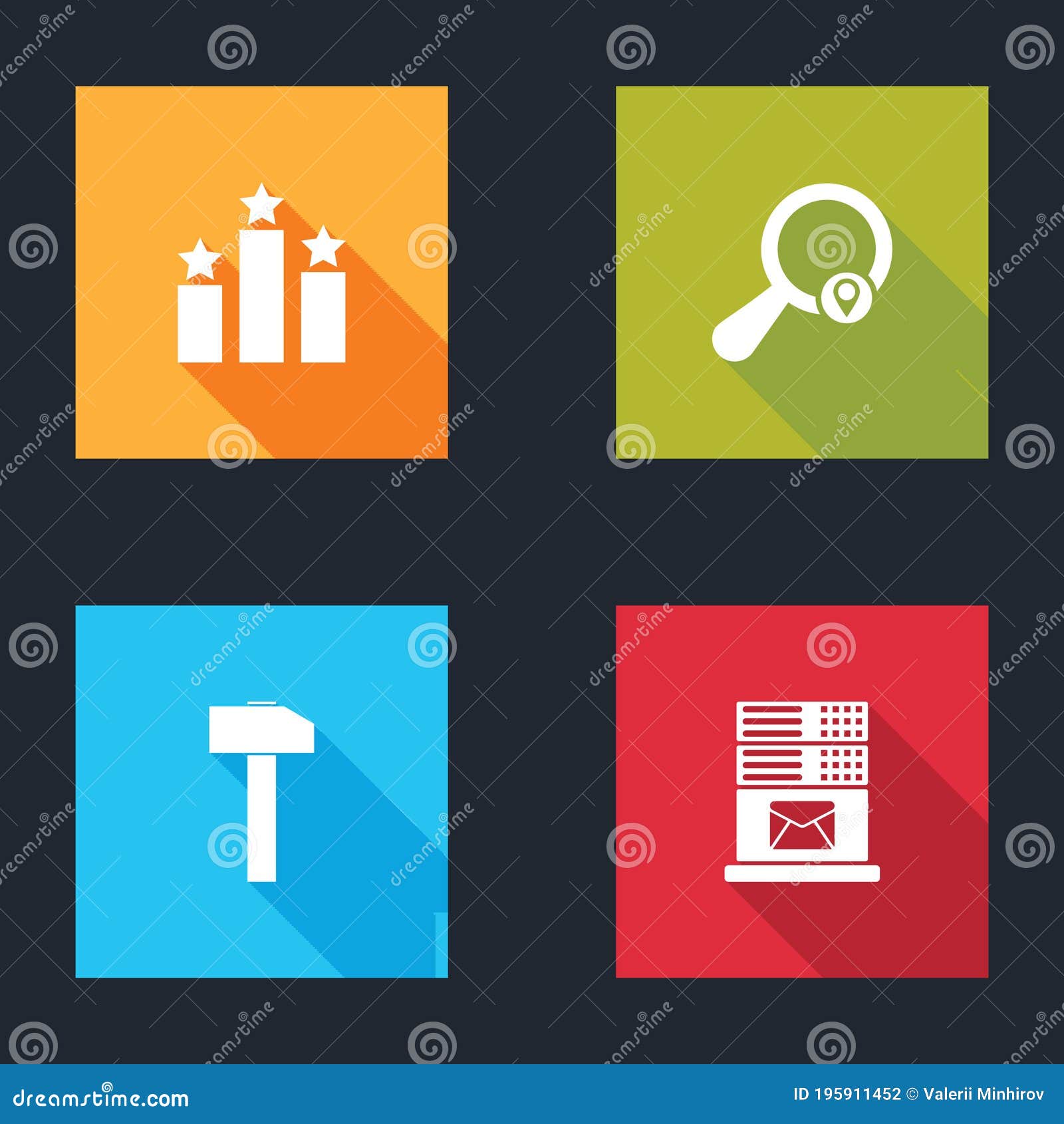 Set Ranking Star, Search Location, Hammer and Mail Server Icon. Vector ... Set Ranking Star, Search Location, Hammer and Mail Server Icon. Vector ...